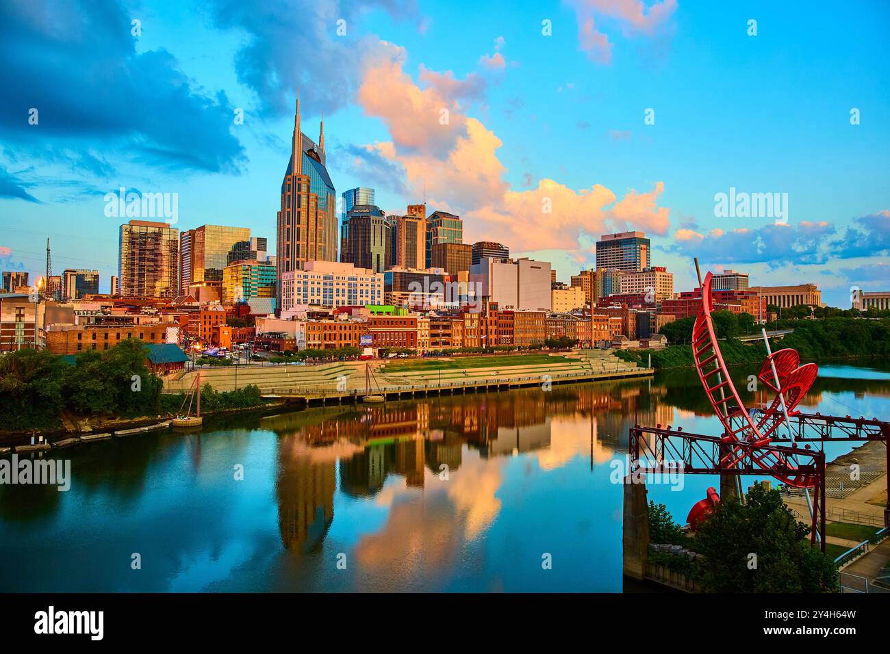 Nashville Skyline with Ghost Ballet Sculpture Golden Hour River ...
