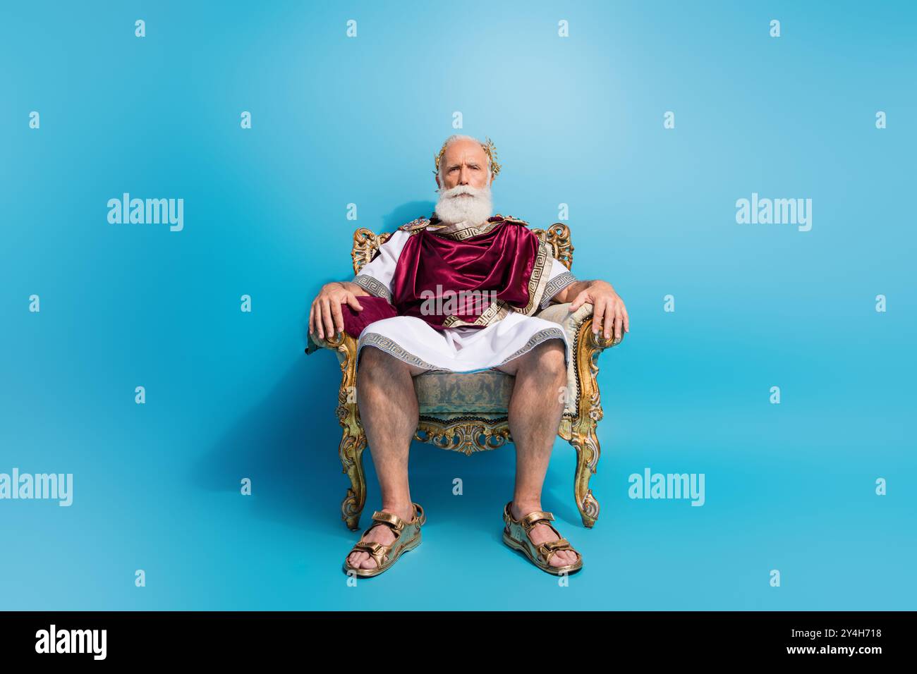 Full size photo of powerful mature man sit golden throne wear ancient ...