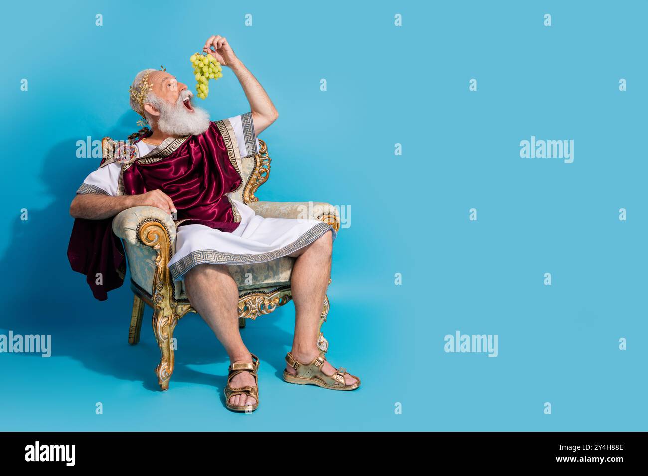 Full body portrait of grandfather wear ancient roman toga eat grape ...