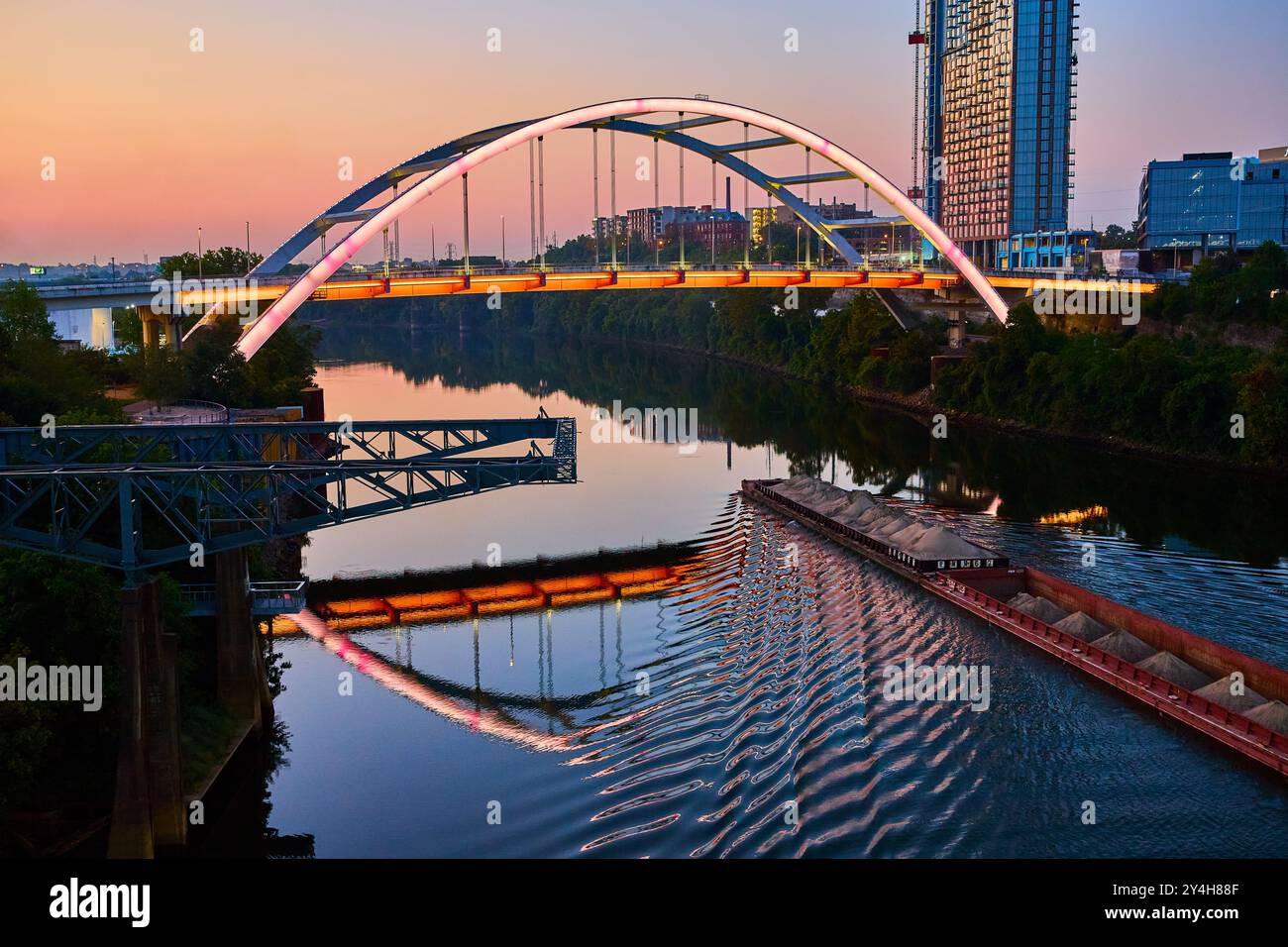 Korean Veterans Bridge at Blue Hour with Barge Motion in Nashville ...