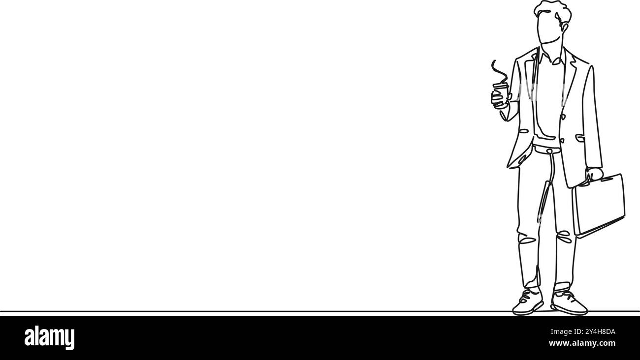 continuous single line drawing of young business man with disposable ...