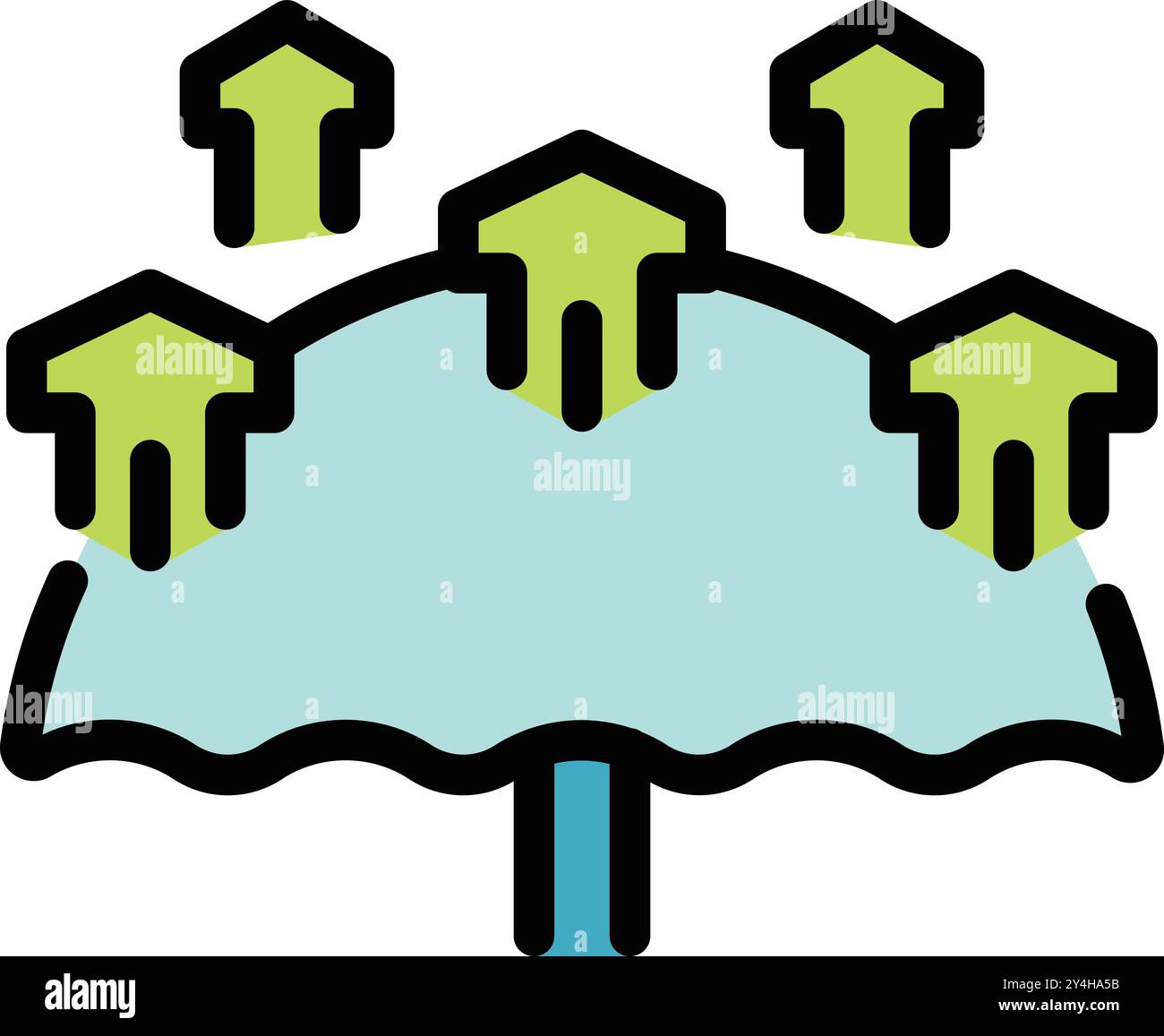 Insurance concept icon with an umbrella protecting houses from raising ...