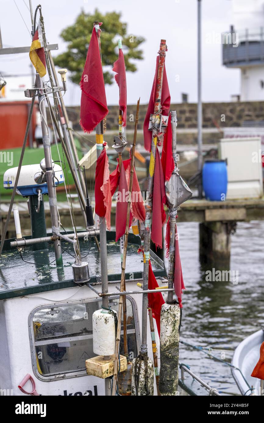 Fishing boats in the town harbour of Sassnitz, island of Ruegen, marker ...