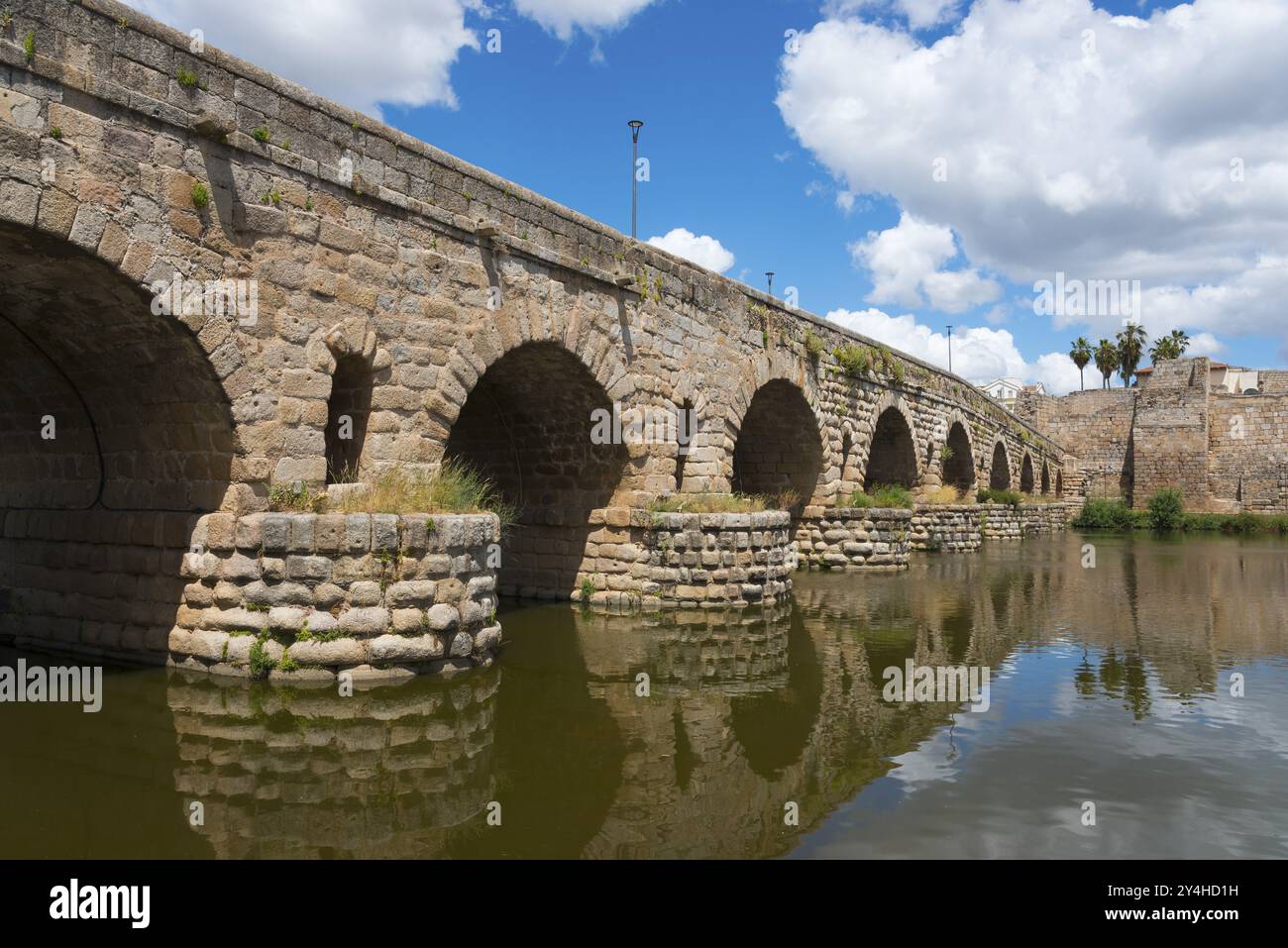 Stone bridge over a river, surrounded by a city wall and palm trees ...
