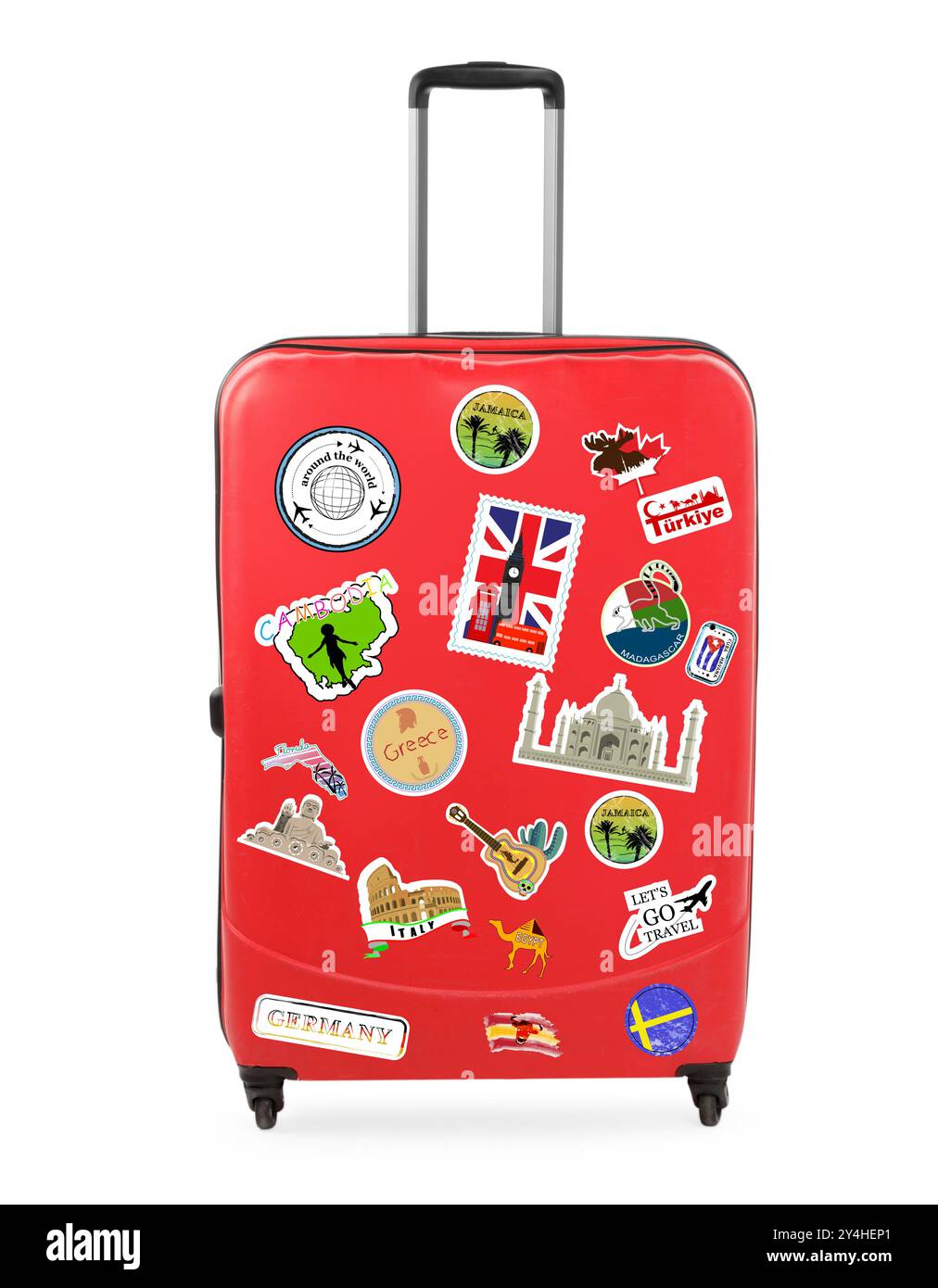 Stylish red suitcase with travel stickers isolated on white Stock Photo ...