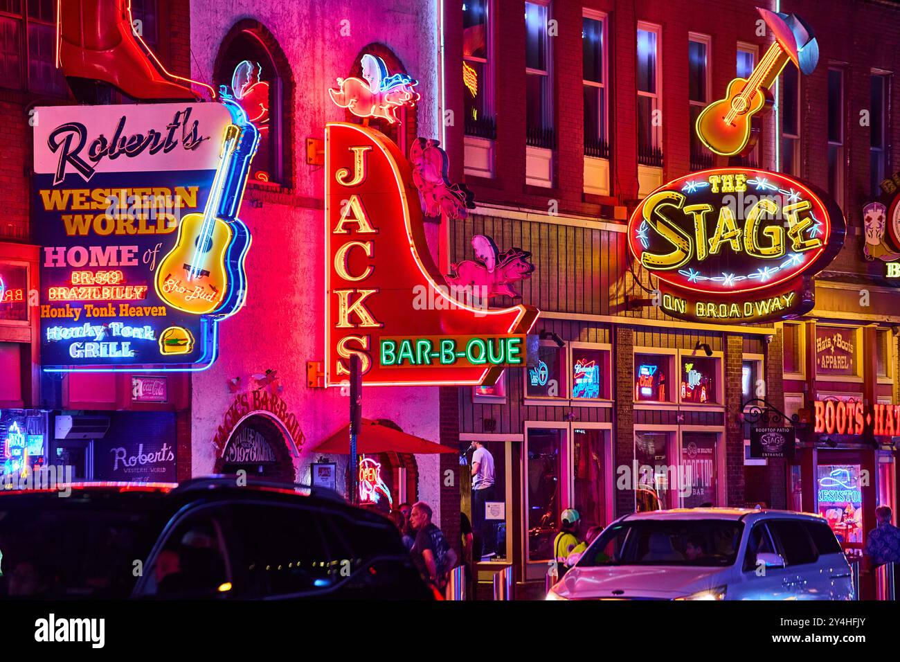 Broadway Neon Vibrance in Nashville Nightlife Street Level View Stock ...