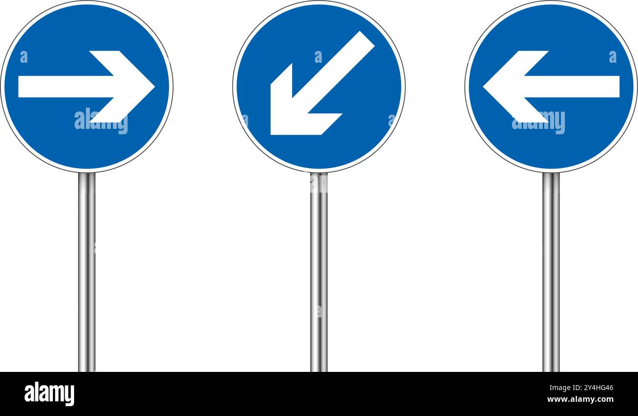 blue circle road signs with arrows pointing in different directions ...