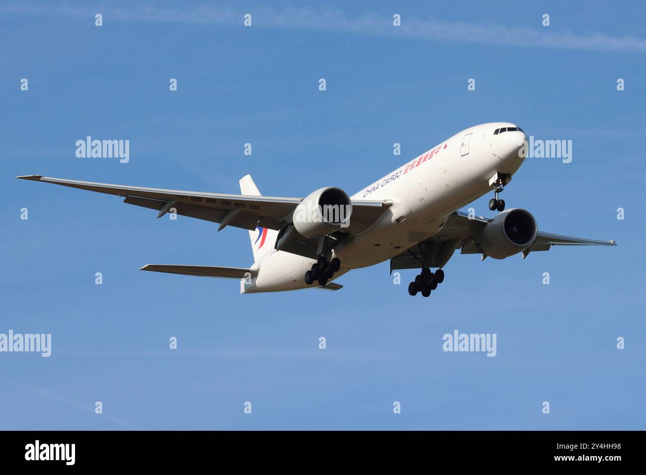 B-222V, China Cargo Airlines, Boeing 777F, on final approach to London Stansted Airport, Essex ...