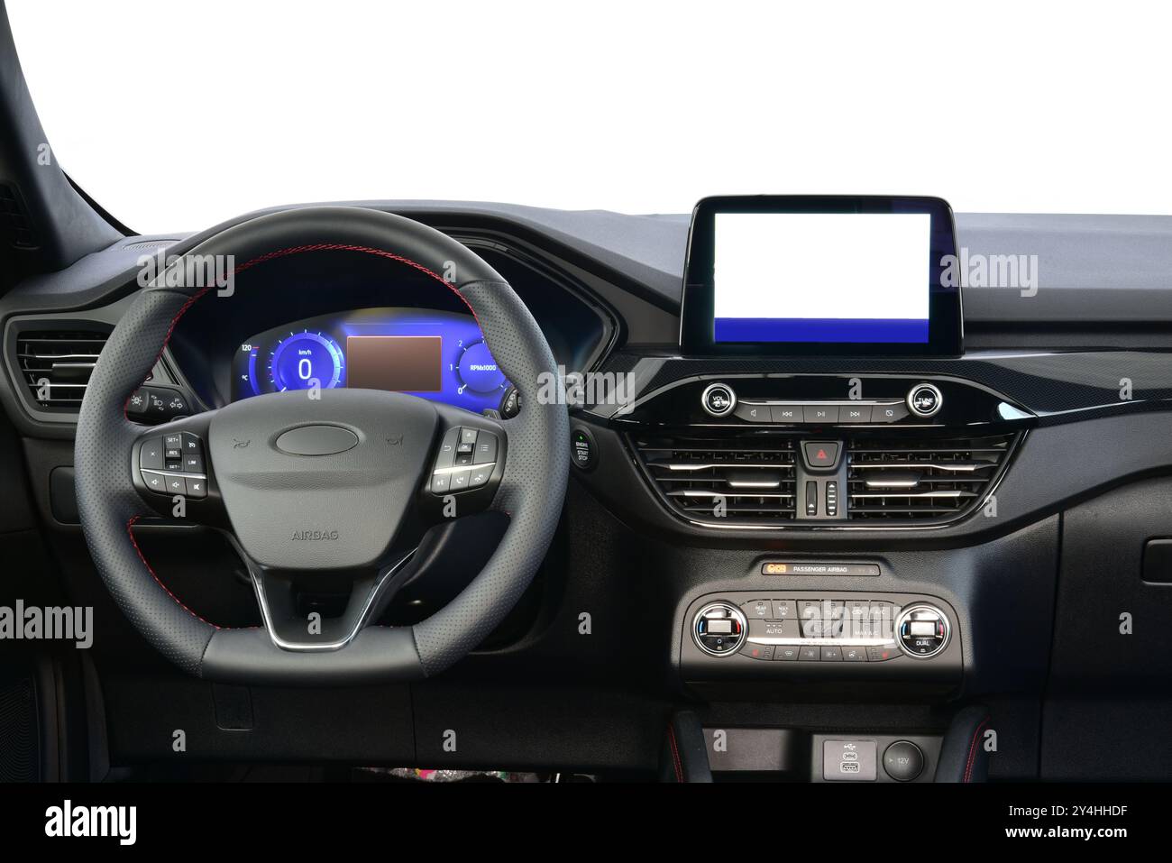 Passenger car dashboard with steering wheel, instrument panel and ...