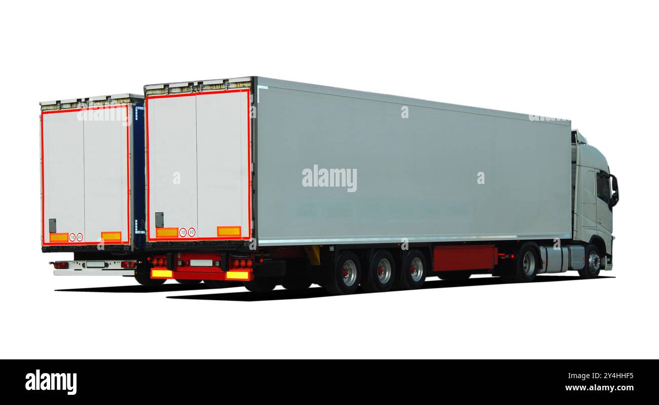Two large trucks with semi trailer on a white background, rear view ...