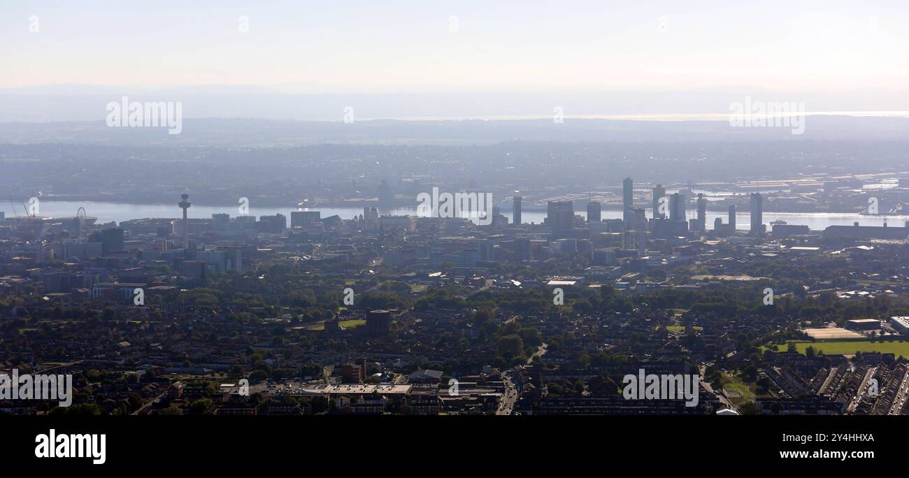aerial view of the Liverpool city skyline with the Mersey and ...