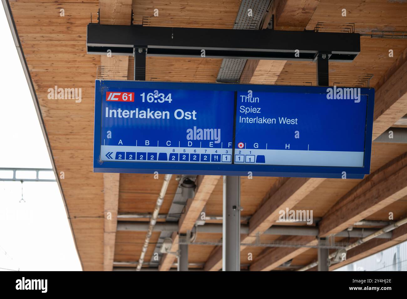Bern, Switzerland - July 22, 2024: Sign board for a train headed to ...
