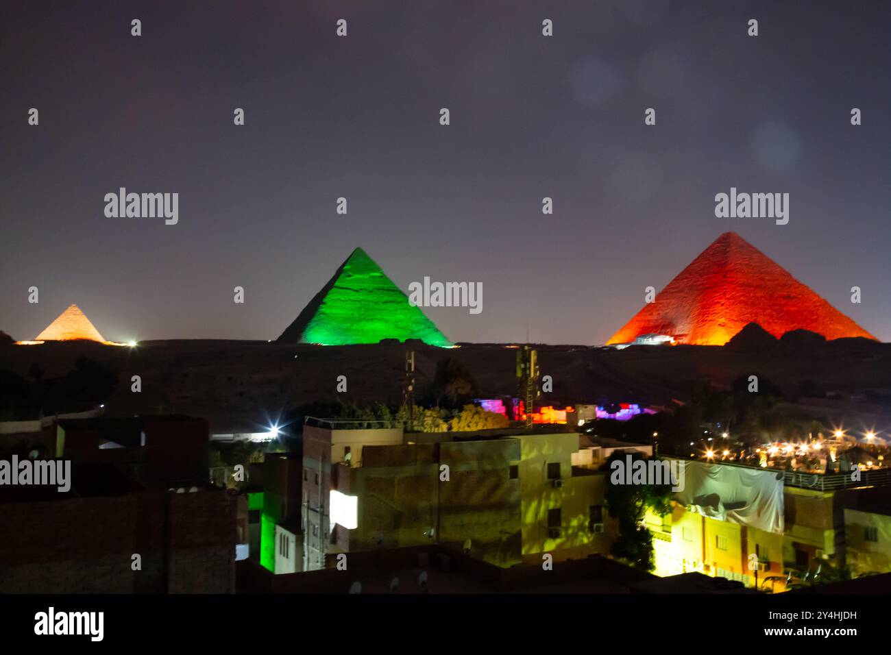 The Great Pyramid complex enlighted at night, Giza, Egypt Stock Photo ...