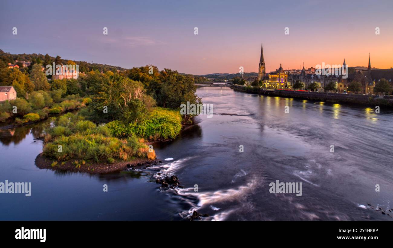 A view of the city of Perth and the River Tay, Scotland at Dusk Stock ...