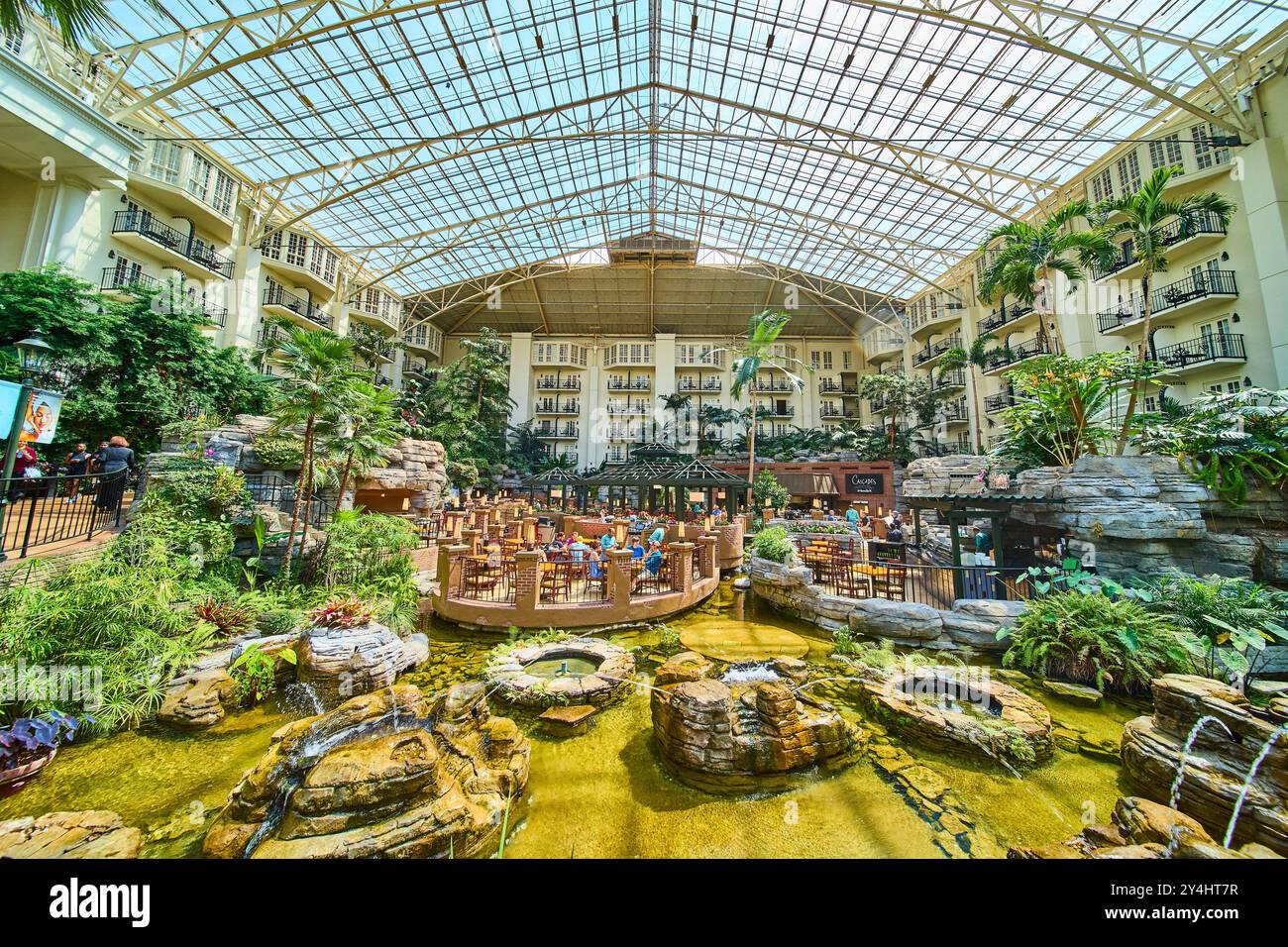 Luxurious Hotel Atrium with Tropical Garden and Dining, Eye Level View ...