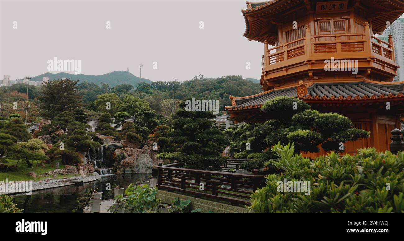 Traditional Japanese garden with lush greenery, small trees, serene ...
