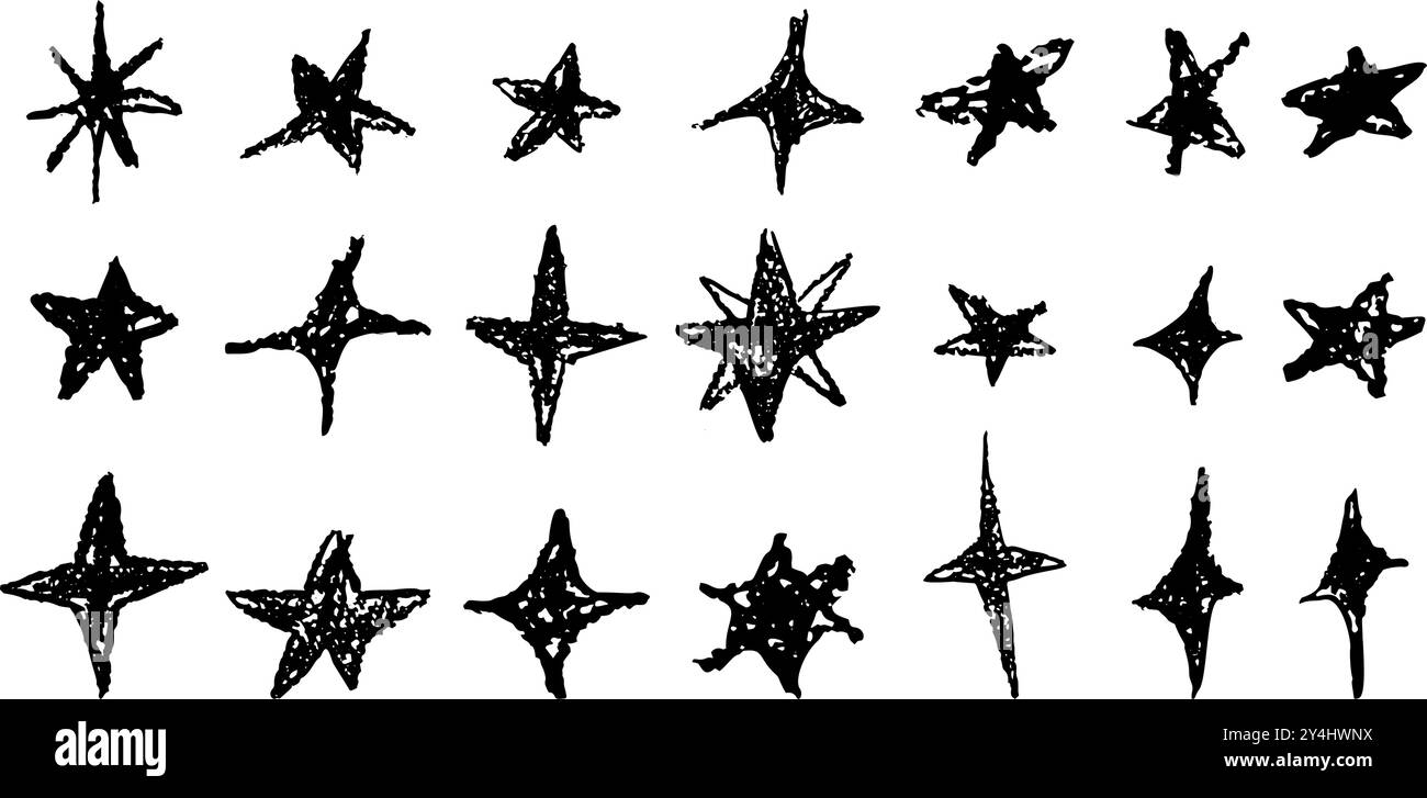 Set of black chalk drawing stars. Shine or sparkle doodle collection ...