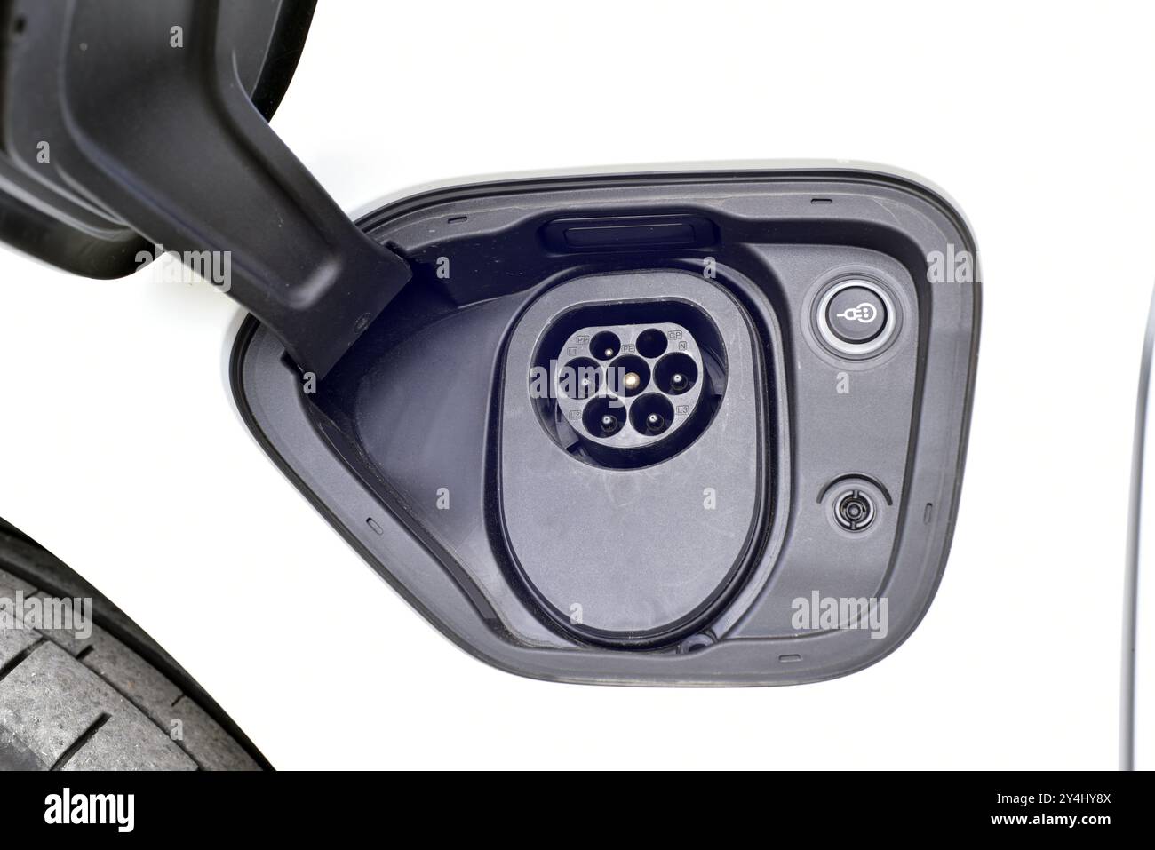 Electric vehicle charging socket by protective cover Stock Photo - Alamy