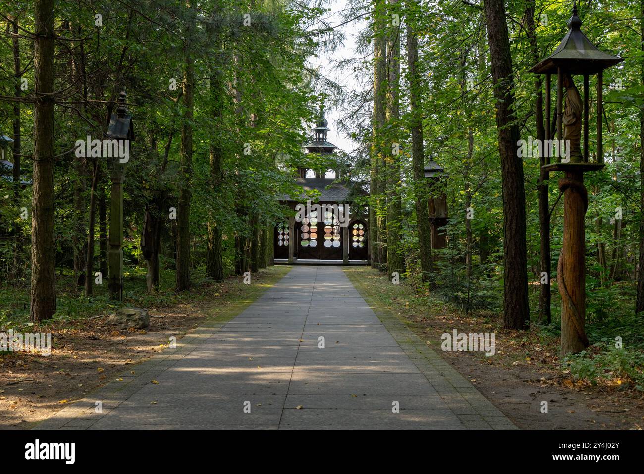 A peaceful forest pathway leads to a charming wooden structure with ...