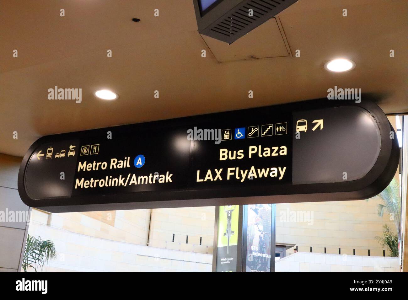 Los Angeles Union Station indication sign to Metro Rail A Line, Metrolink-Amtrak, Bus Plaza and ...