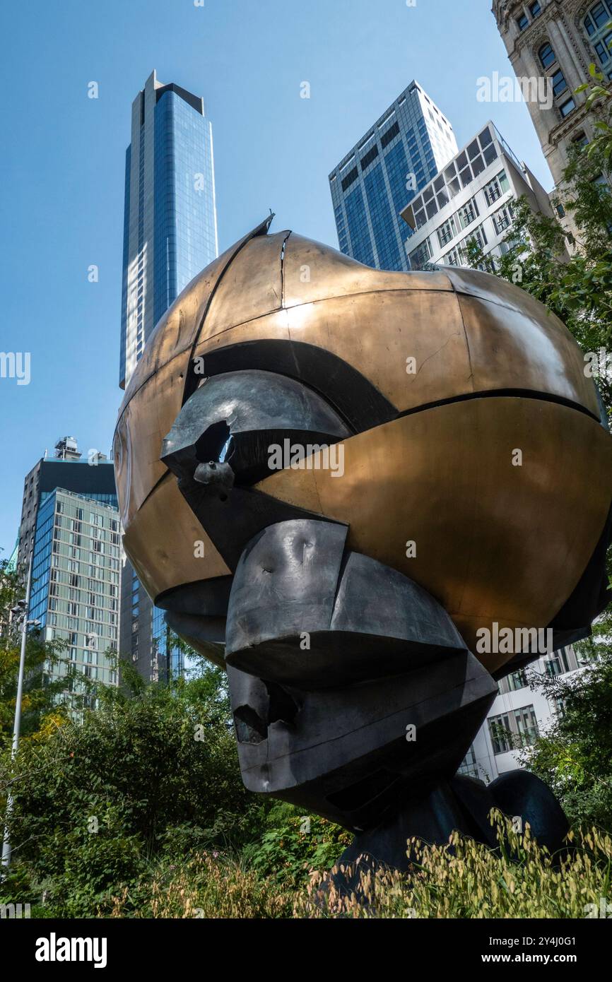 The Sphere in Liberty Park with unrepaired damage at the top of the ...