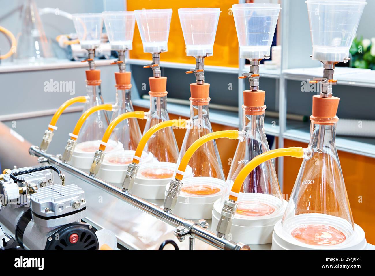 Glass chemical flasks of vacuum filtering device Stock Photo - Alamy