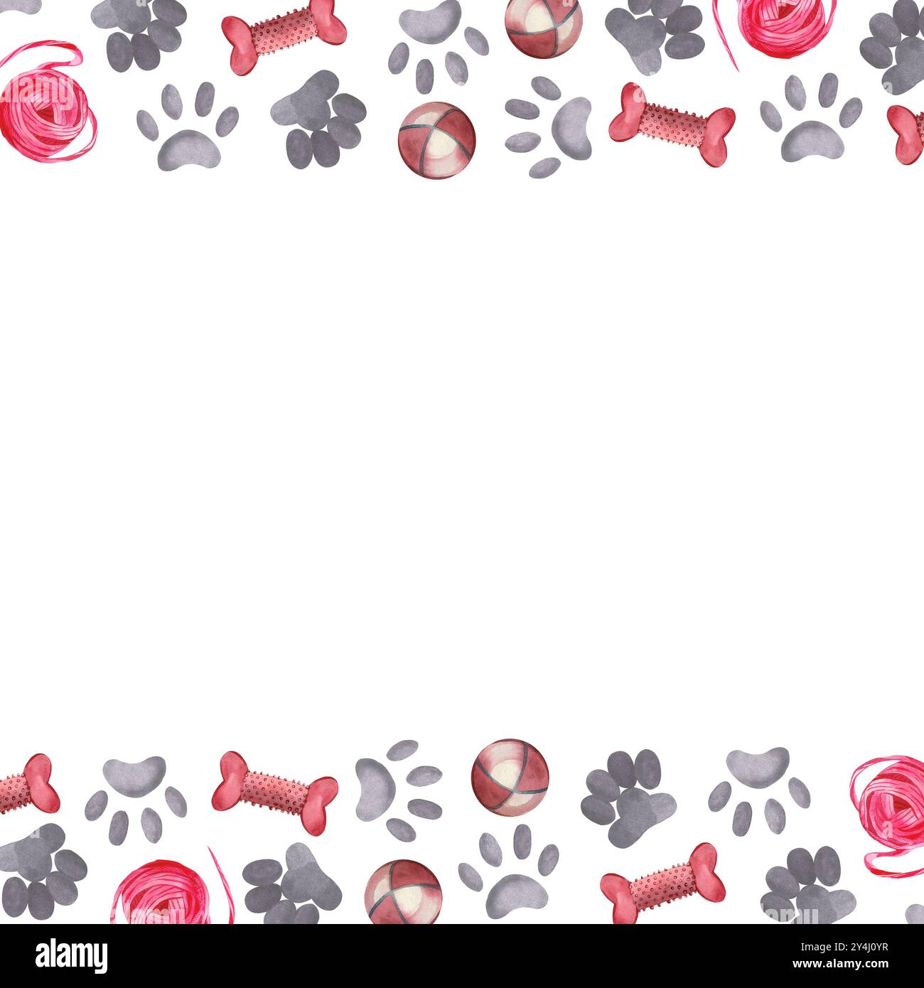 Pet toys, rubber bones, balls, dog and cat paw prints and footprints ...