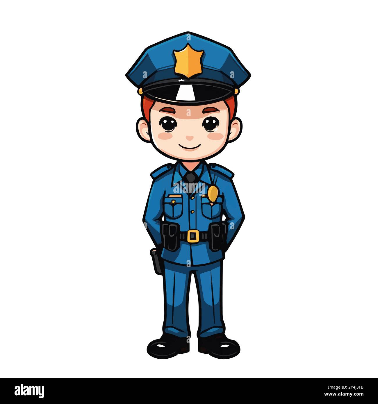 Cute little hero policeman in blue uniform and red hair, cartoon ...