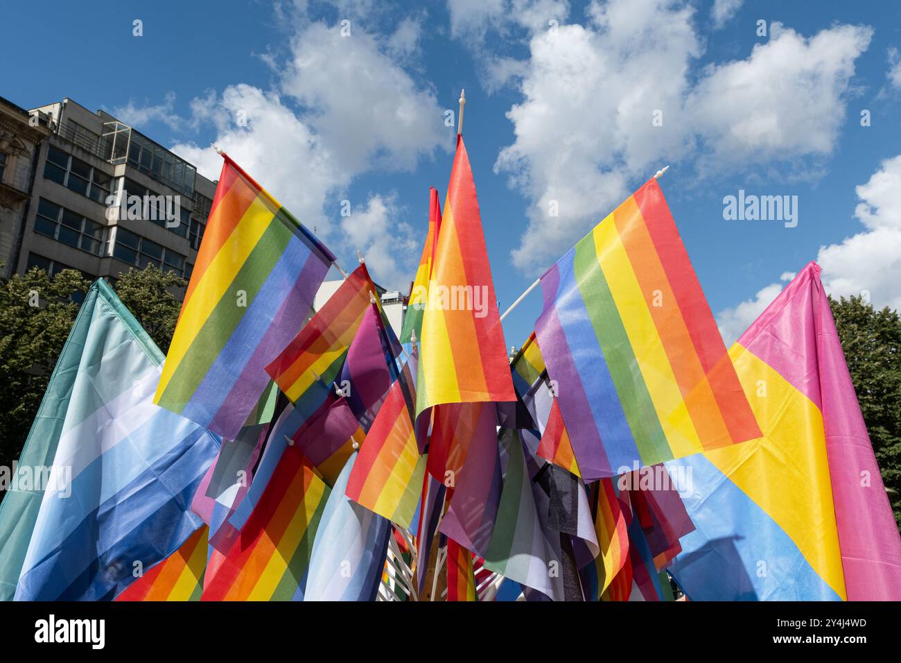 LGBT flags displayed on a stand during a Pride festival in summer ...
