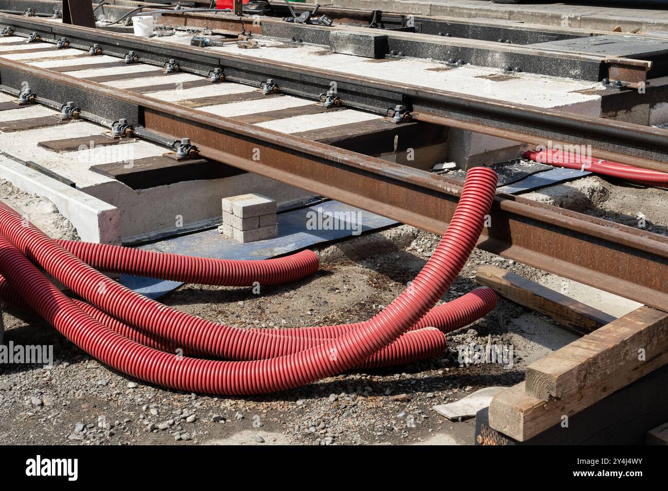 Tram tracks the new tramway road. Reconstruction of public transport ...