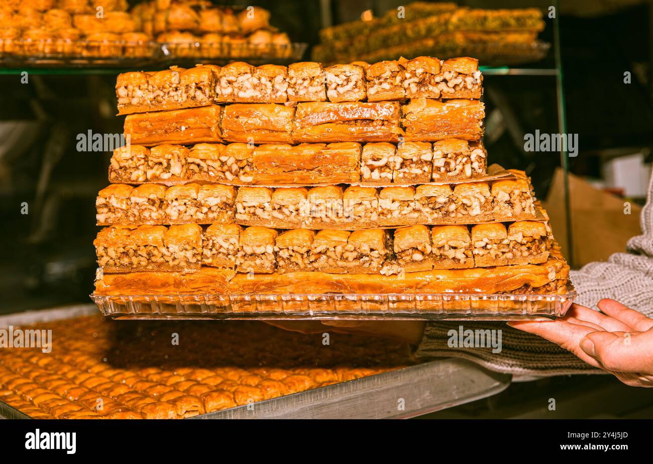 Traditional baklava pyramid, a sweet dessert with multiple layers of ...