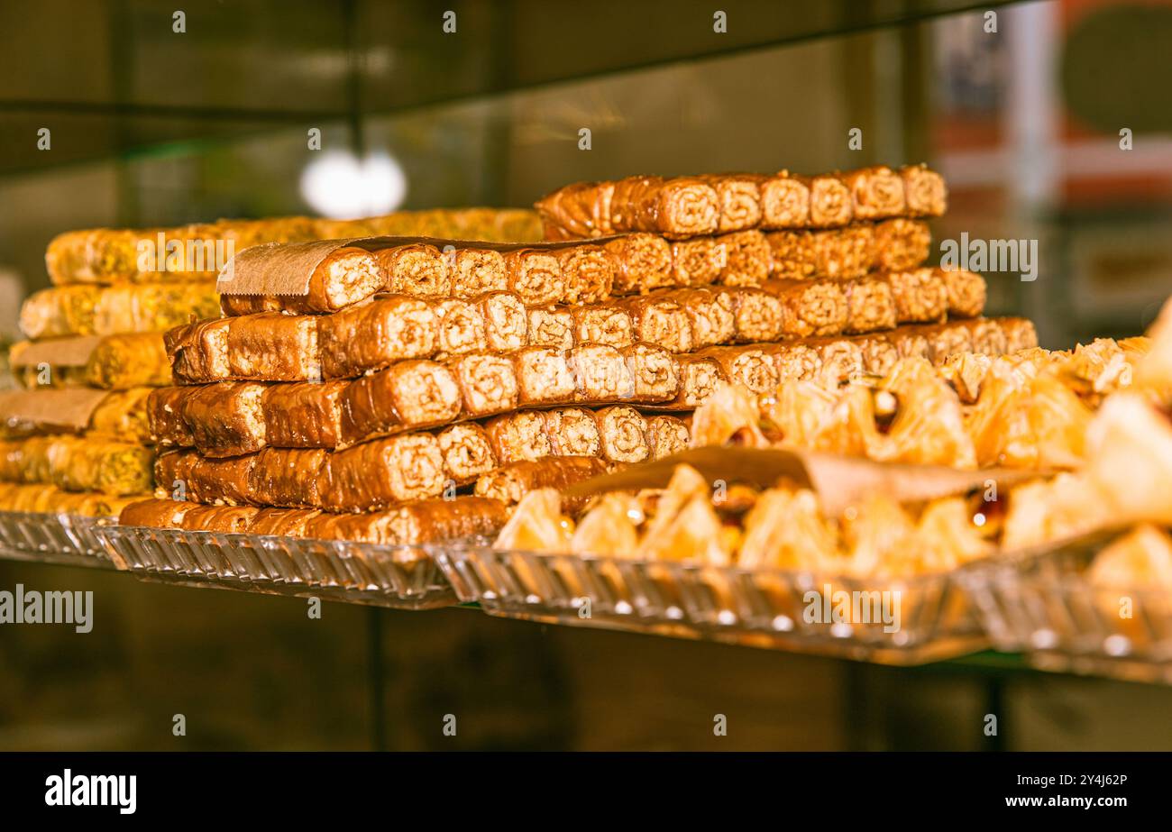 Golden, traditional, layered, Middle Eastern, sweets, deliciously ...