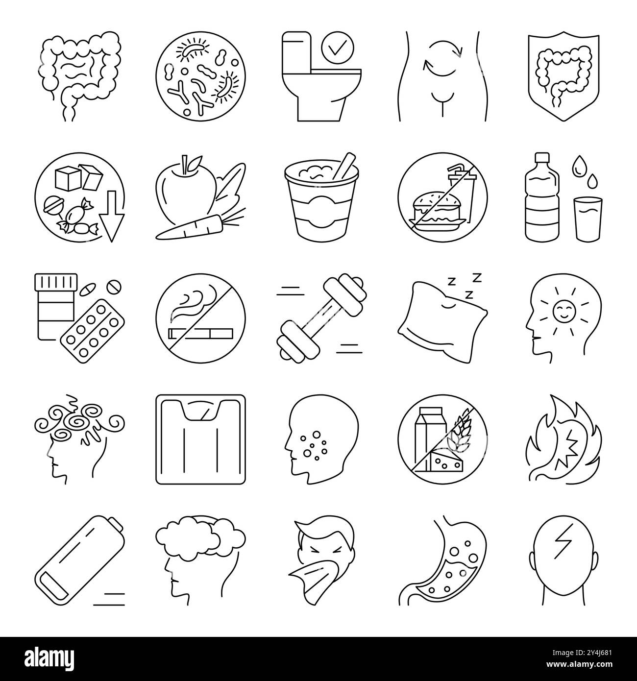 Gut health line icon set. Healthy digestion and signs of unhealthy gut ...