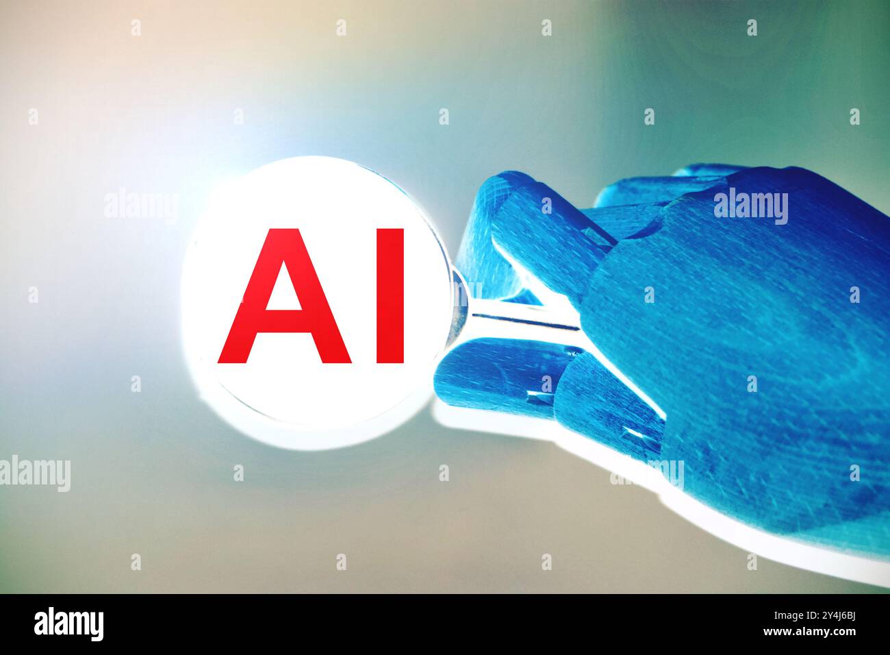 Robot hand holding a Magnifier with the letters "AI" stands for ...
