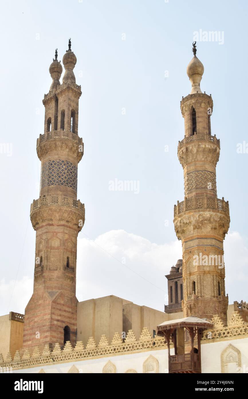 the ancient view of al azhar mosque with minaret and dome in cairo ...