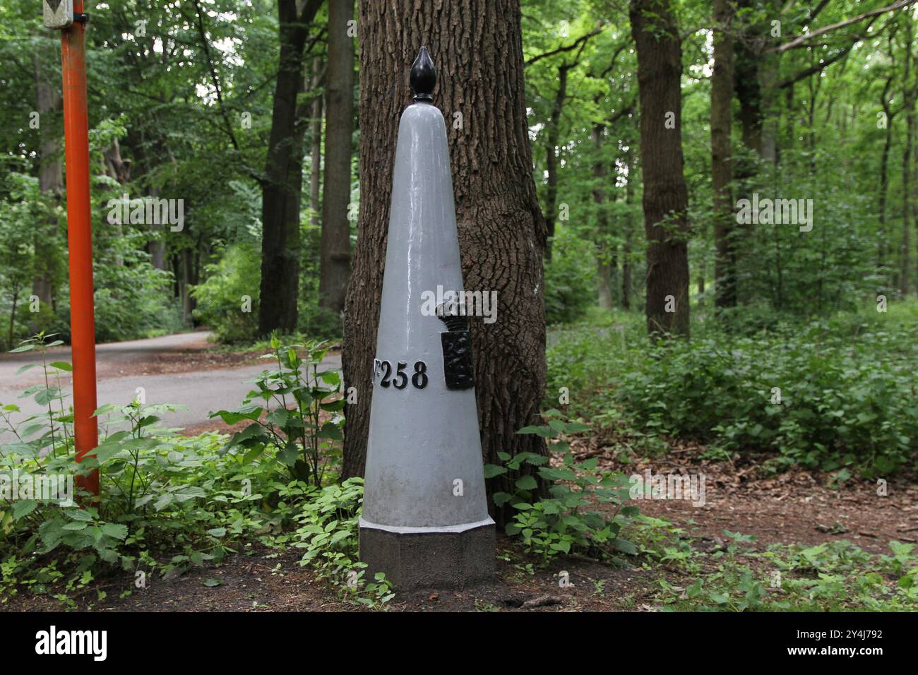 a boundary post in the forest at the border of the netherlands and ...