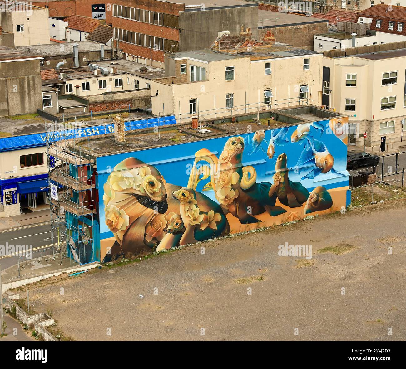 Mural of seals covering a massive wall in the seaside town of Weston ...