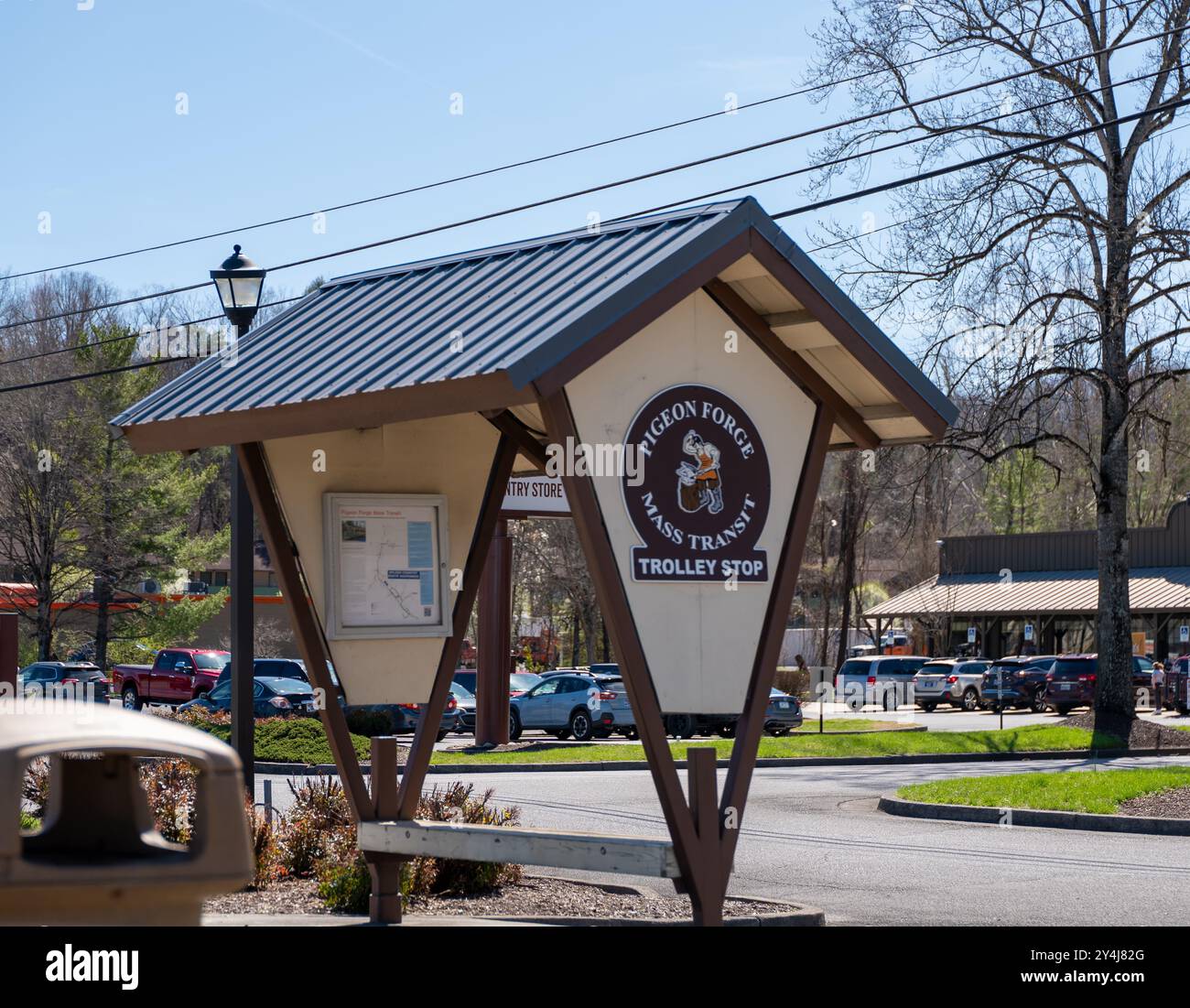 PIGEON FORGE, TN - 12 MAR 2024: Mass Transit Trolley Stop with a roof ...