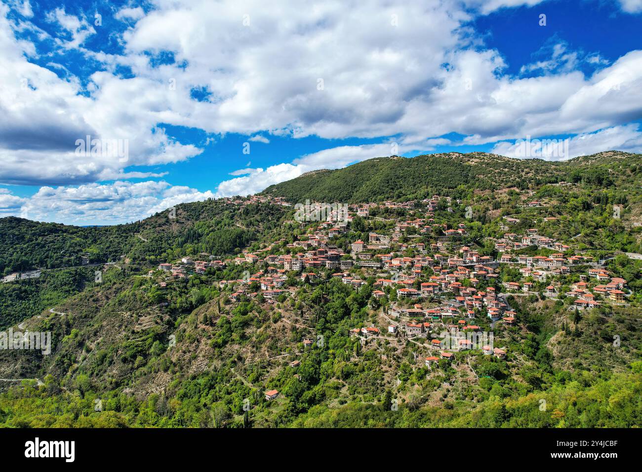 Aerial view of Lagkadia, a traditional mountain village in Arcadia ...