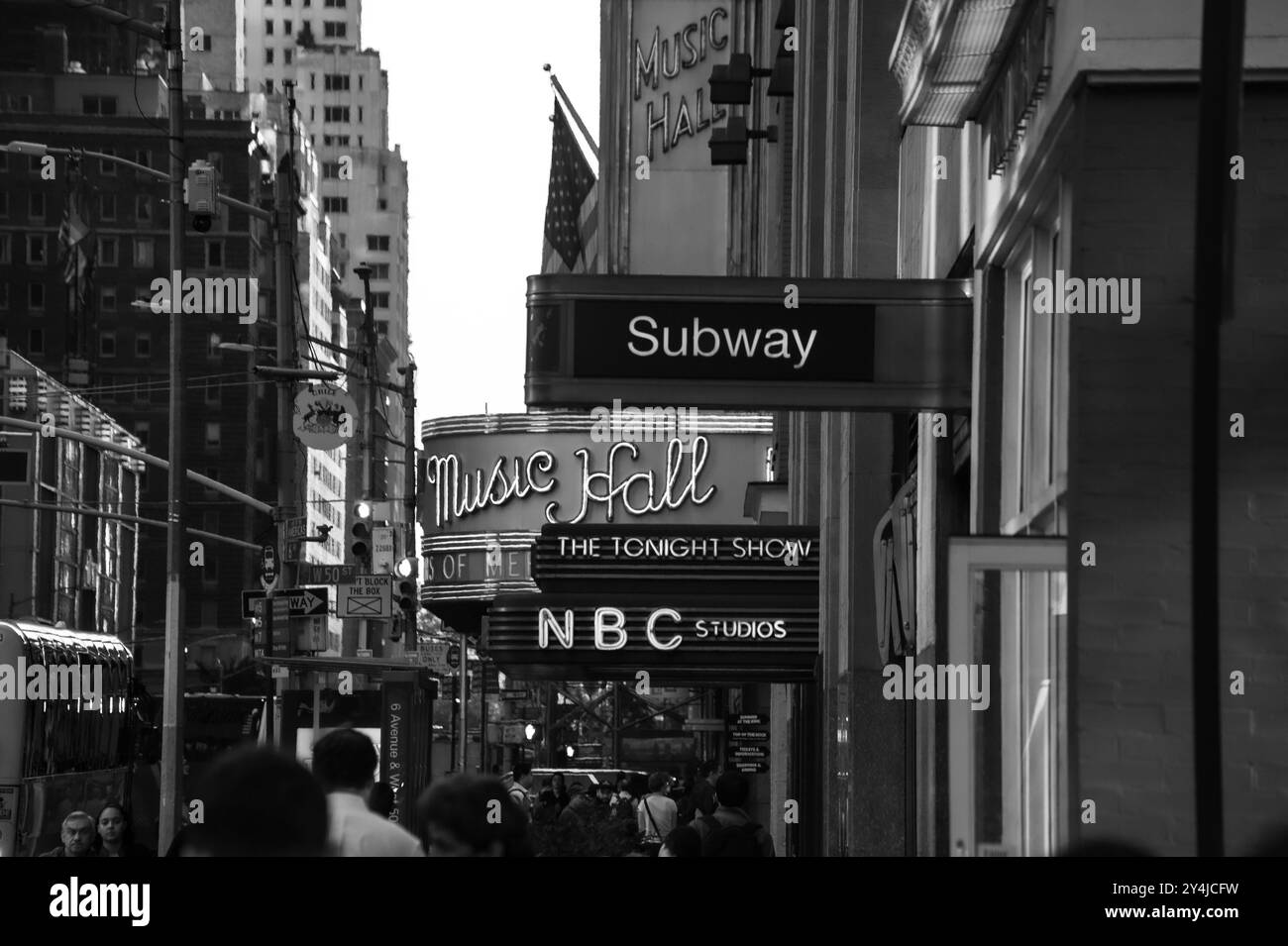 New york city streets with signage. Subway, NBC Studios, Radio city ...