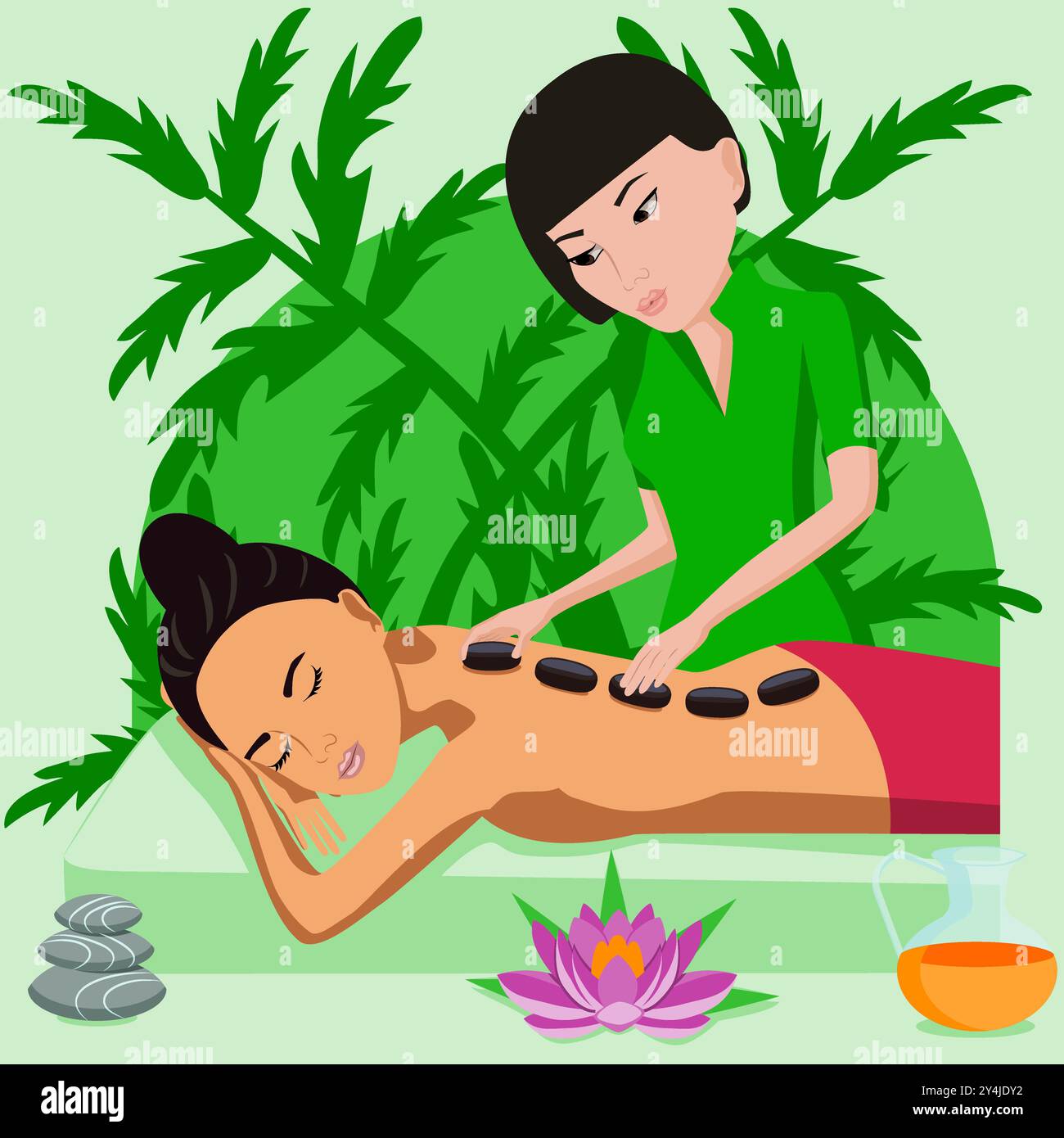 Hot Stone Massage. Therapy and treatment by professional therapist in SPA. Isolated flat vector ...