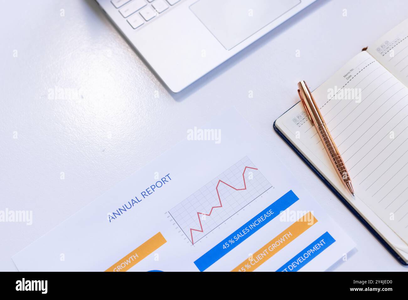 Analyzing annual report with laptop and notepad, focusing on business ...