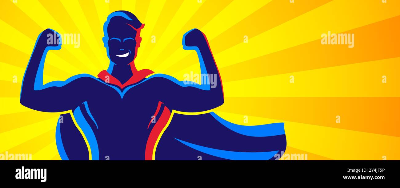 A superhero stands proudly with fists clenched and a cape blowing in ...