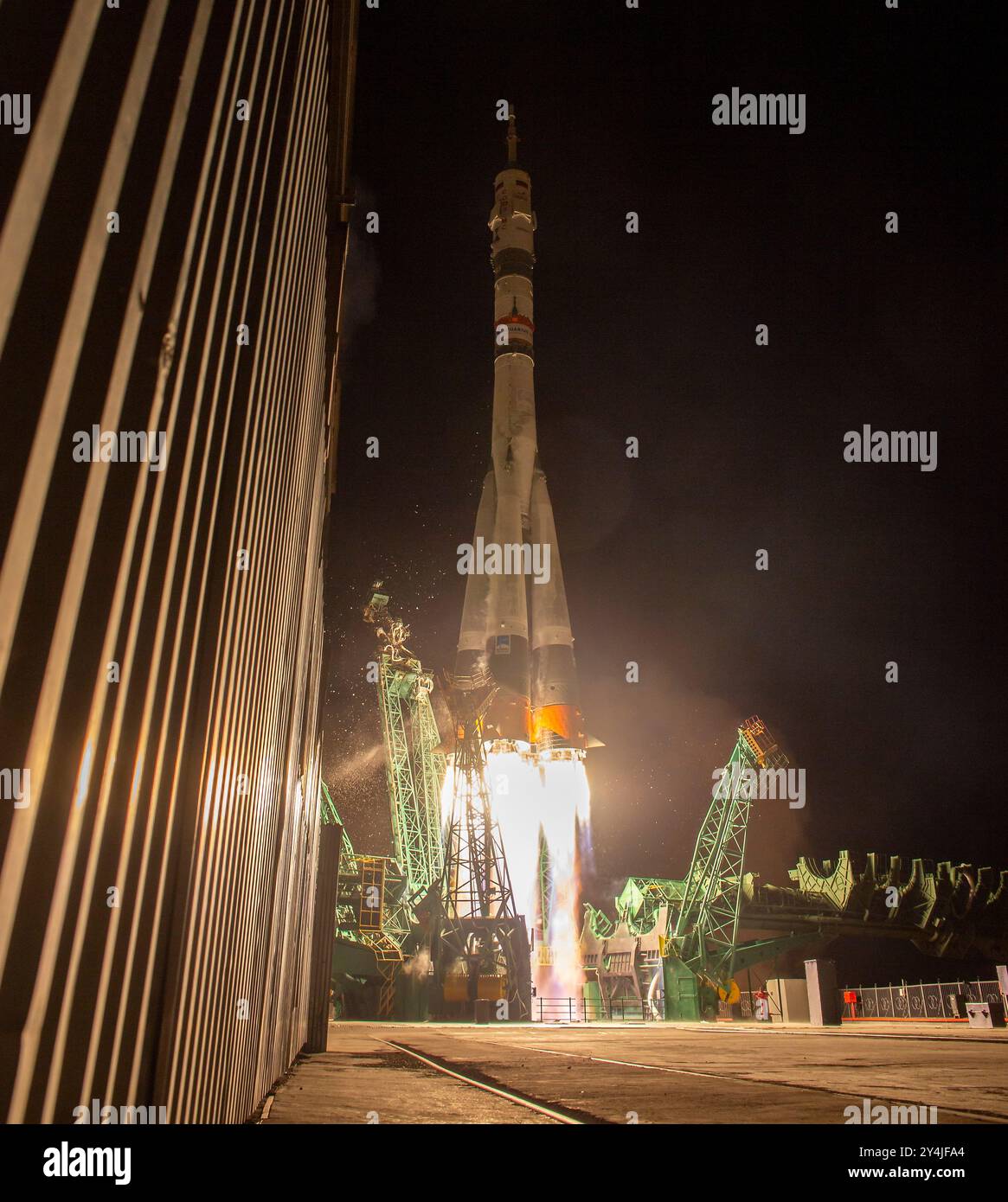 Baikonur, Kazakhstan. 11 September, 2024. The massive thrusters from the Soyuz-2 booster rocket ...
