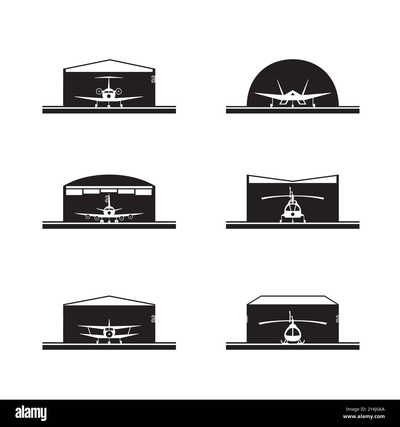 Hangars with airplanes and helicopters in front – vector illustration ...