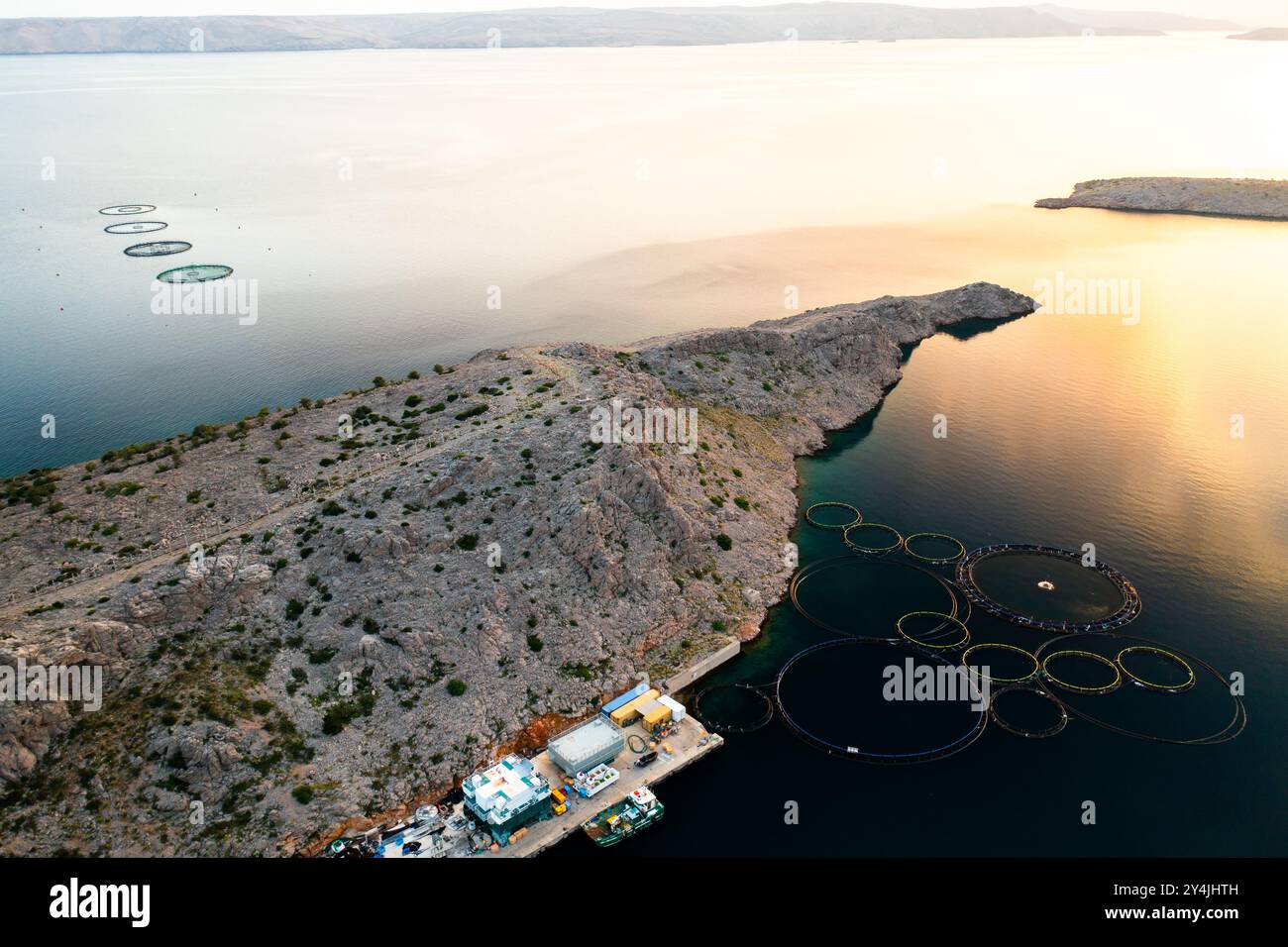 High-efficiency fish cages in Croatia aquaculture aerial view. Example ...