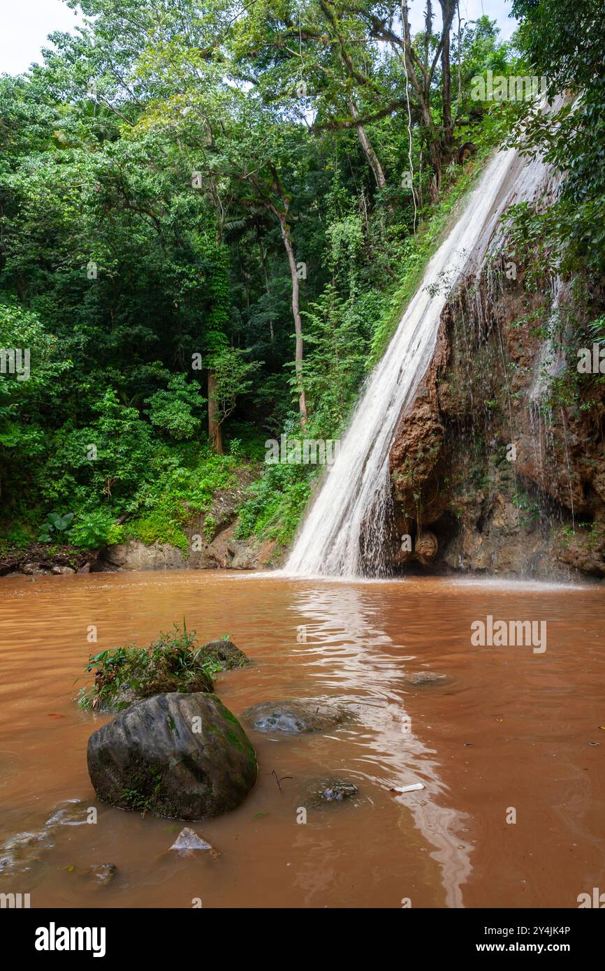 Vertical landscape photography with waterfall in tropical forest ...