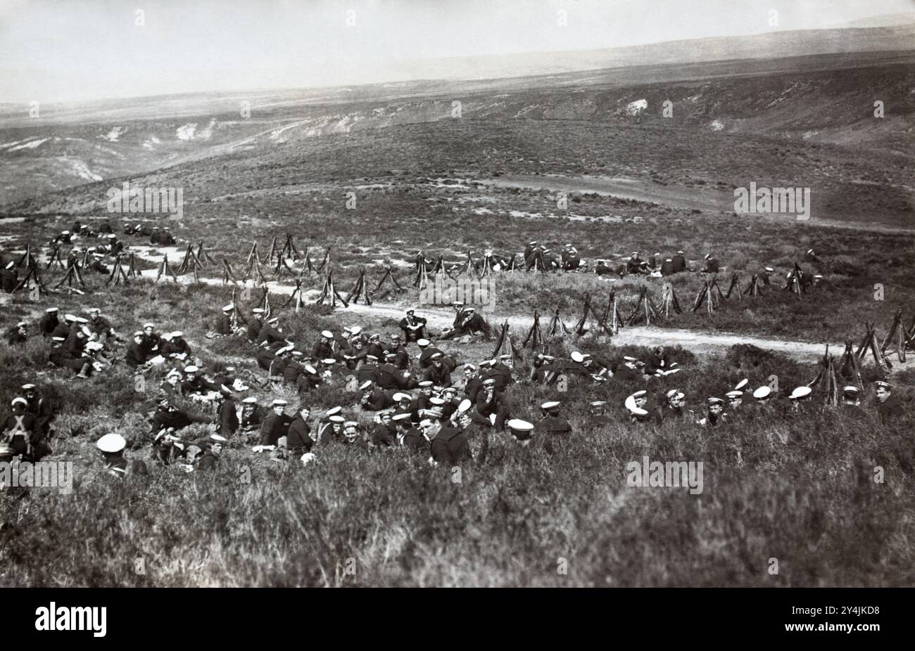 Royal Navy sailors from HMS Ajax ashore on the hills of Moda, near ...
