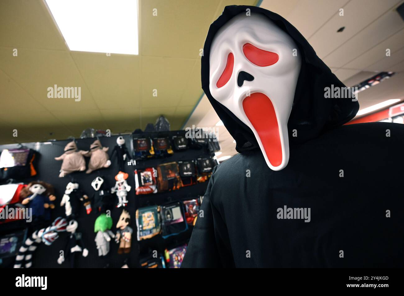 New York, USA. 18th Sep, 2024. Halloween masks on display inside a ...