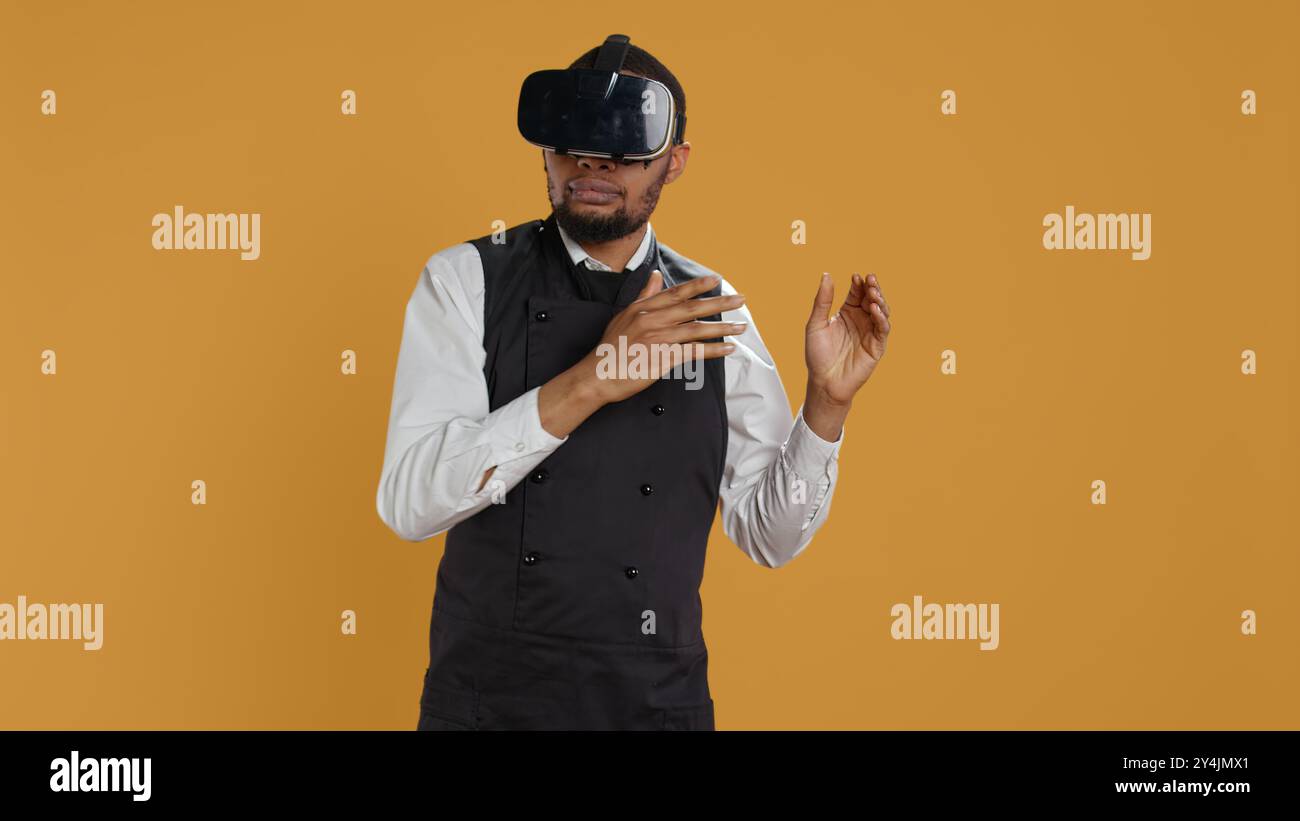 Restaurant waiter uses virtual reality headset with artificial ...